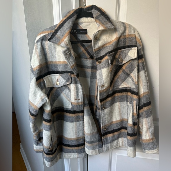 Zara | Jackets & Coats | Zara Womens Shacket Cream Gray And Black ...